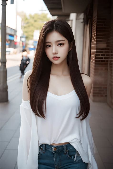 긴 머리를 가진 여성이 흰색 상의를 입고 보도에 서 있습니다 Seaart Ai