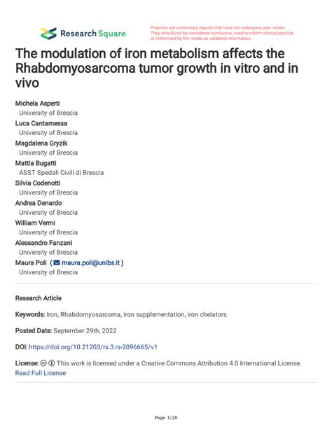 Pdf The Modulation Of Iron Metabolism Affects The Rhabdomyosarcoma