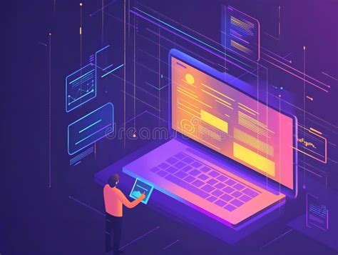 Isometric Woman Working Laptop Programming Code Interface Design Software Stock Illustration