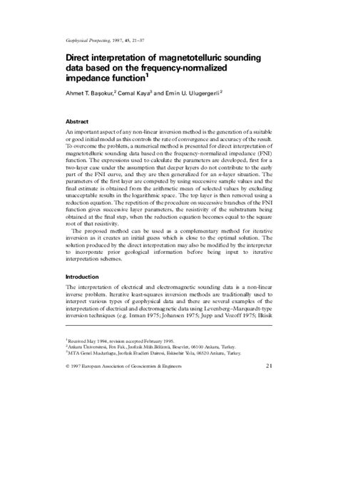 Pdf Direct Interpretation Of Magnetotelluric Sounding Data Based On