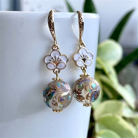 Plum Blossom With Japanese Tensha Beads Earrings Gold Plated Red