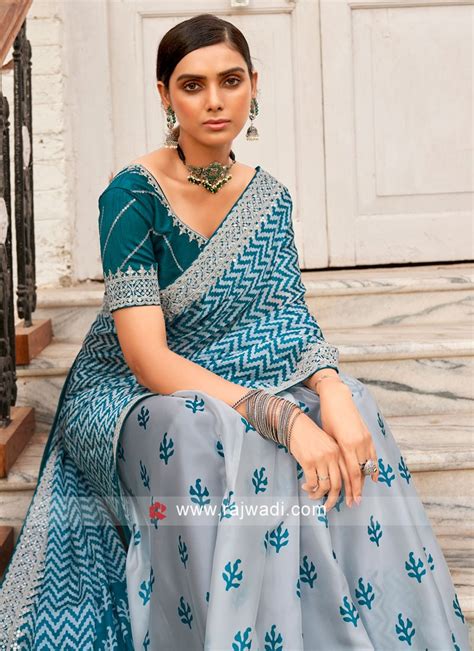 Elegant Zig Zag Printed Chiffon Silk Half And Half Teal Blue