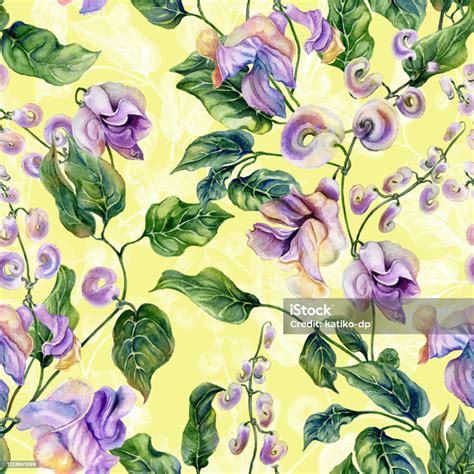 노란 배경에 보라색 꽃과 아름 다운 달팽이 포도 나무 나 뭇 가지 완벽 한 꽃 패턴입니다 수채화 그림입니다 손으로 그린 그림입니다 개화기에 대한 스톡 벡터 아트 및 기타