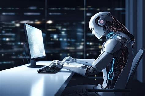 Premium Ai Image 3d Rendering Humanoid Robot Working With Computer In Modern Office At Night