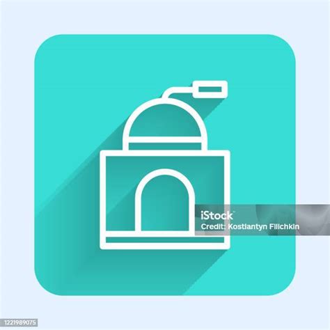 긴 그림자로 격리 된 흰색 라인 수동 커피 분쇄기 아이콘 녹색 사각형 버튼입니다 벡터 일러스트레이션 고풍스런에 대한 스톡 벡터 아트 및 기타 이미지 Istock