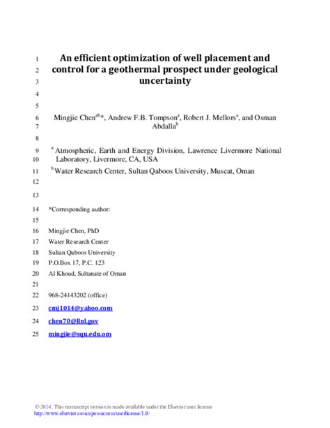 Pdf An Efficient Optimization Of Well Placement And Control For A Geothermal Prospect Under