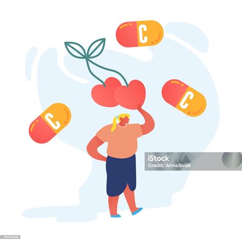 채식주의 식단과 건강한 음식 개념 젊은 여자 들고 거 대 한 잘 익은 체리 손에 비타민 기호 주위 비행 요새화된 영양 과일 및 채소 만화 플랫 벡터 일러스트 개념에 대한