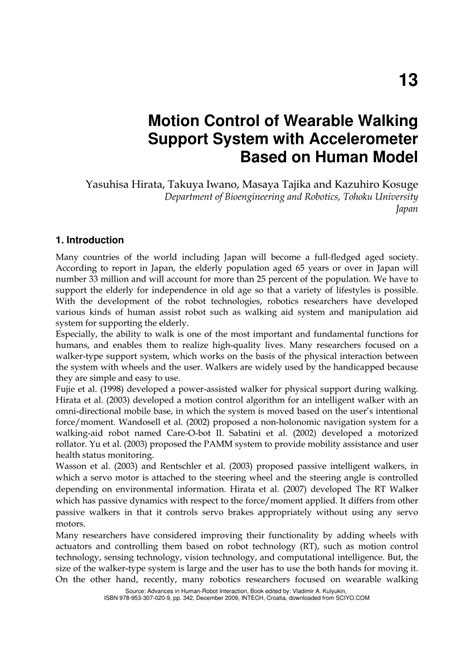 Pdf Motion Control Of Wearable Walking Support System With Accelerometer Based On Human Model
