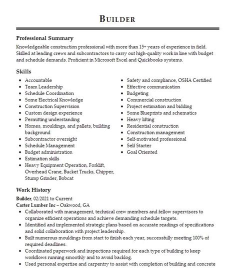 Builder Resume Example