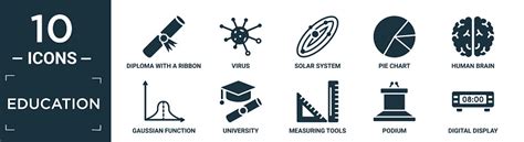 채워진 교육 아이콘 세트입니다 리본 바이러스 태양계 파이 차트 인간의 두뇌 가우스 함수 대학 측정 도구 연단 디지털 디스플레이 60 아이콘이 포함 된 플랫 졸업장을