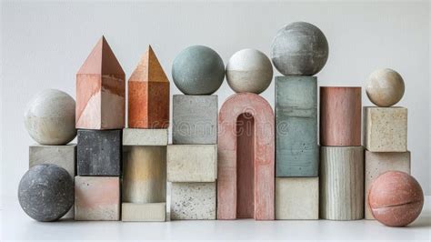 Modern Arrangement Of Geometric Shapes Including Cubes Spheres And Pyramids In Muted Pastel