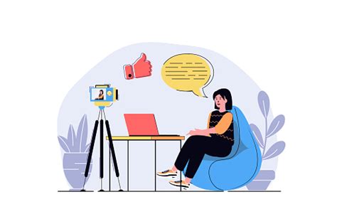 만화 사람들 디자인을 가진 블로깅 웹 개념 카메라에서 새로운 비디오를 녹화하고 라이브 방송을 하고 팔로워 댓글에 응답하는 여성 흰색 배경에 고립 된 평면 벡터 그림입니다