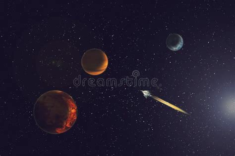 Abstract Illustration Of Outer Space A Spaceship Flies To One O Stock