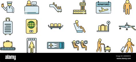 Airline Passengers Icons Set Outline Vector People Case Fly Plane