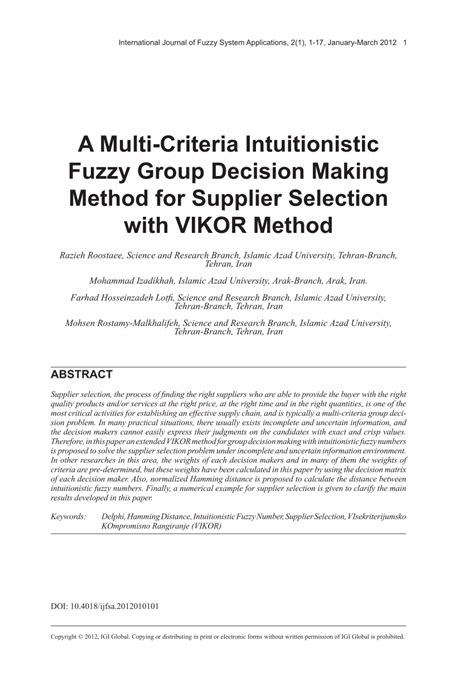 Pdf A Multi Criteria Intuitionistic Fuzzy Group Decision Making