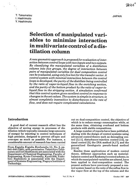 Pdf Selection Of Manipulated Variables To Minimize Interaction In