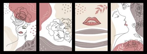 벡터 여자 초상화 한 줄 그리기 추상 미니멀 카드 세트 잎과 꽃 배경 연속 라인 아트 여성 초상화와 꽃 아름다움과 패션 개념 개념에 대한 스톡 벡터 아트 및 기타 이미지