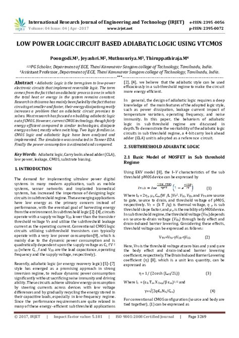 pdf low power logic circuit based adiabatic logic using vtcmos