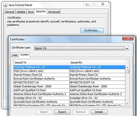 Java VM Java Control Panel System Signer CA Certificates