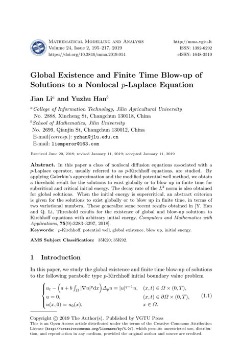 Pdf Global Existence And Finite Time Blow Up Of Solutions To A Nonlocal P Laplace Equation
