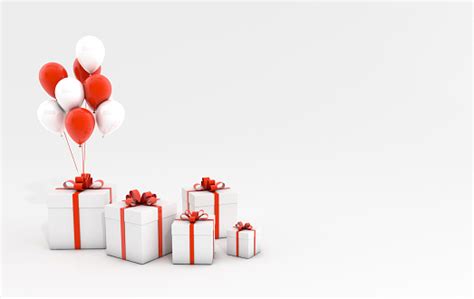 3d는 흰색 바탕에 활과 현실적인 빨간색과 흰색 풍선 및 선물 상자의 그림을 렌더링 합니다 파티 프로 모션 소셜 미디어 배너 포스터에 대 한 빈 공간 0명에 대한 스톡 사진