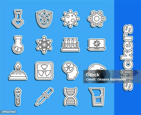 세트 라인 실험실 유리 제품 또는 비커 시험관 및 플라스크 화학 물질 노트북의 박테리아 원자 및 아이콘 벡터 가열장치에 대한 스톡 벡터 아트 및 기타 이미지 Istock