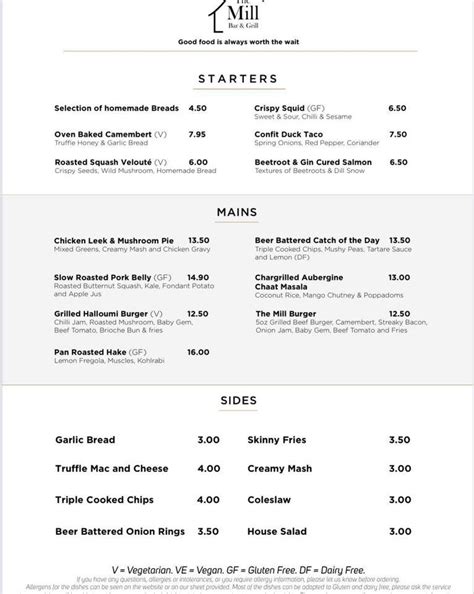 Menu At The Mill Restaurant Stowmarket Station Rd E