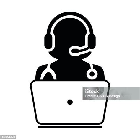 여자 의사 아이콘휴대용 퍼스널 컴퓨터와 헤드폰 문양 그림에서 평면 벡터 아바타 기호 Brand Name Online