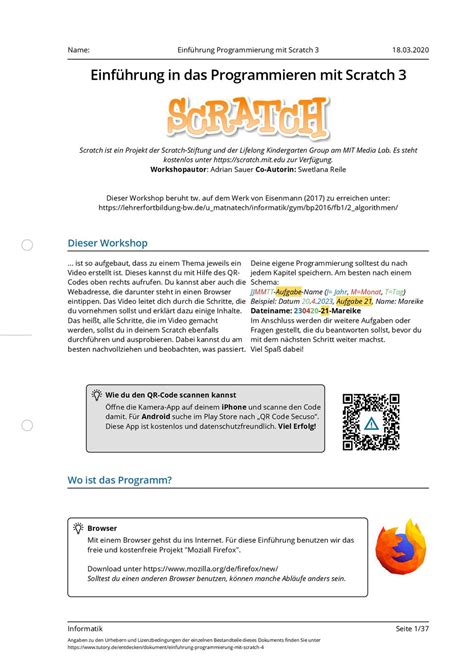 Arbeitsblatt Einführung Programmierung Mit Scratch 3 Informatik Tutory De