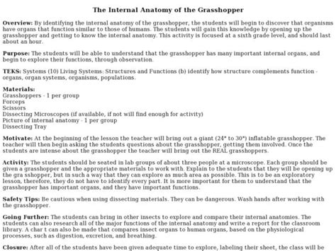 The Internal Anatomy Of The Grasshopper Lesson Plan For 6th Grade