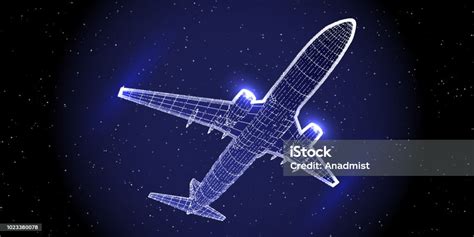 추상 여객기 점 들으로 구성입니다 개요 와이어 프레임 빛나는 개념 밤하늘에 비행 하는 항공기 여행 관광 교통입니다 비행기 벡터 일러스트입니다 와이어 프레임 모델에 대한 스톡