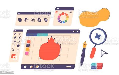 그래픽 디자이너 도구 지우개 태블릿 Pc 돋보기 스타일러스 및 벡터 디자인을 만들 준비가 된 소프트웨어 세트 어도비에 대한 스톡 벡터 아트 및 기타 이미지 Istock