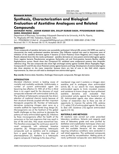 Pdf Synthesis Characterization And Biological Evaluation Of