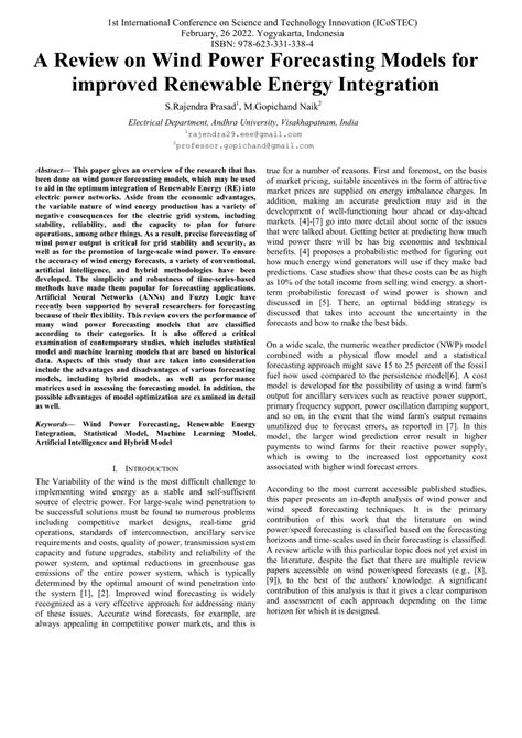 PDF A Review On Wind Power Forecasting Models For Improved Renewable Energy Integration