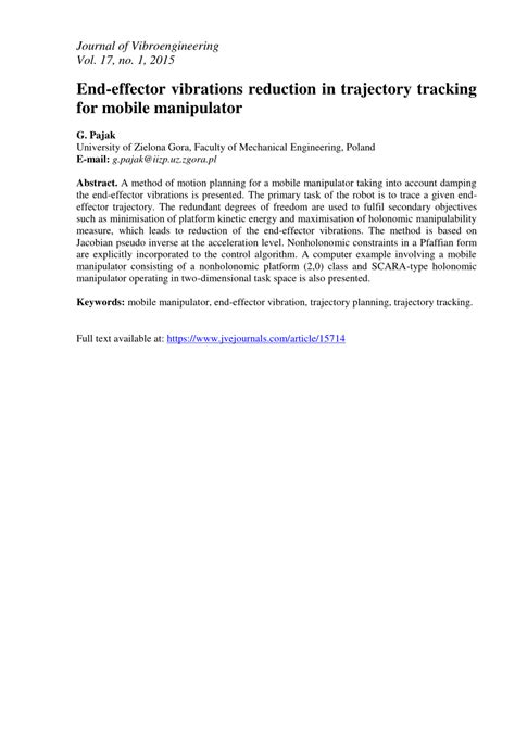 Pdf End Effector Vibrations Reduction In Trajectory Tracking For Mobile Manipulator