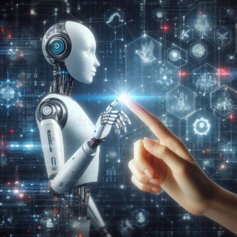 Hands Of Robot And Human Touching On Big Data Network Connection Background Stock Illustration