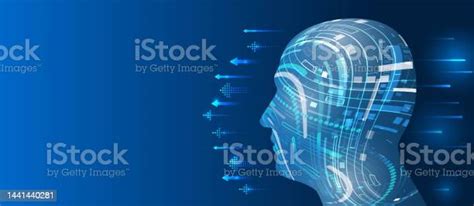 The Abstract Face Of Artificial Intelligence Head Silhouette With Particles On A Dark Blue ...