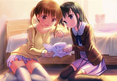 Anime Original Black Hair Blue Eyes Blush Book Brown Eyes Brown