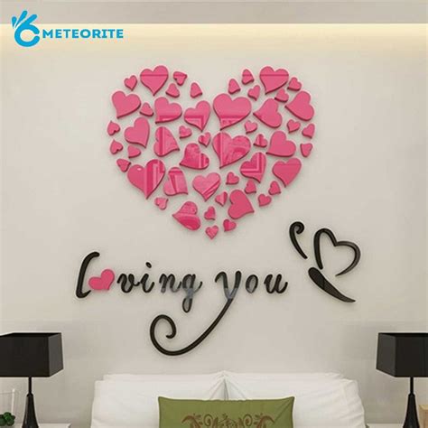 สติกเกอร์วอลเปเปอร์อะคริลิค รูปหัวใจ 3d มีกาวในตัว ลอกออกได้ หลากสีสัน สําหรับตกแต่งผนังห้องนอน