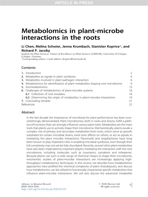 Metabolomics In Plant Microbe Interactions In The Root Pdf Metabolomics Root