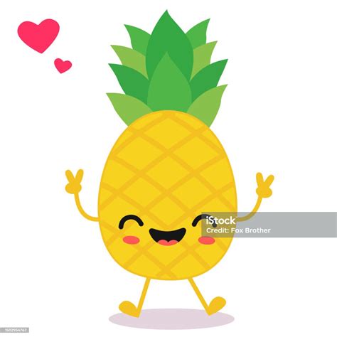 행복한 미소 카와이 귀여운 파인애플 벡터 플랫 과일 캐릭터 일러스트레이션 마스코트 디자인 흰색 배경에 격리되어 있습니다 감정에 대한 스톡 벡터 아트 및 기타 이미지 Istock