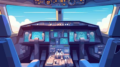 Cartoon Airplane Pilot Cabin Empty Jet Cockpit With Seats Dashboard