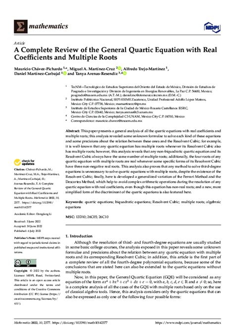 Pdf A Complete Review Of The General Quartic Equation With Real Coefficients And Multiple Roots