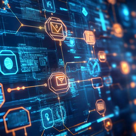 Abstract Digital Network Glowing Blue And Orange Nodes And Lines Stock