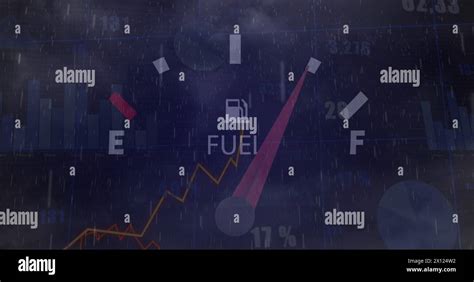 Image Of Speedometer And Statistical Data Processing Against Rain And Clouds In The Sky Stock