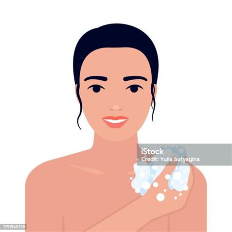 젊은 여자는 샤워를하고 세서합니다 소녀 선반 몸 스폰지와 비누 욕실 절차 신체 위생 세탁 벡터 일러스트레이션 건강한 생활방식에 대한 스톡 벡터 아트 및 기타 이미지 Istock