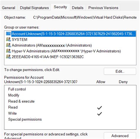 Hyper V Virtual Disc Properties Security Tab Unknownaccount S 1 15 3 Security Spiceworks