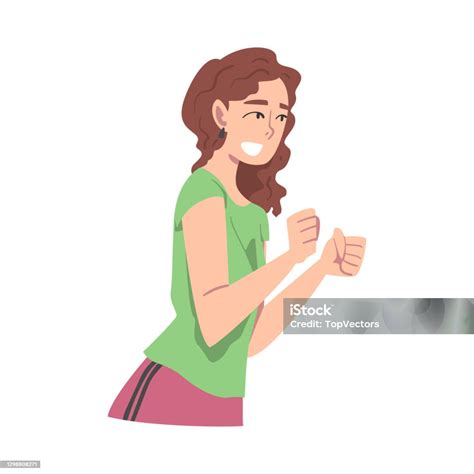 기쁨과 흥분 벡터 일러스트와 함께 미소 주먹을 클렌칭 행복한 여성 캐릭터 개념에 대한 스톡 벡터 아트 및 기타 이미지 개념