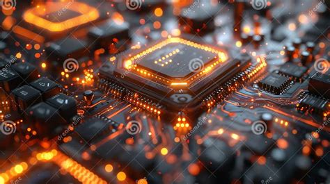 close up of a glowing microprocessor on a circuit board showcasing