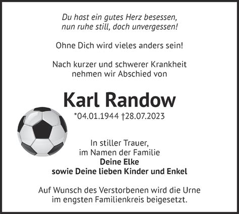 Traueranzeigen Von Karl Randow Märkische Onlinezeitung Trauerportal